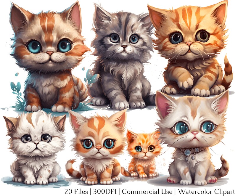 Watercolor Cute Chibi Cats Clipart Set of 20 Files With - Etsy