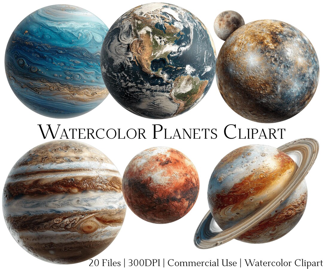Watercolor Planets Clipart Set: Commercial Use PNG & PDF (digital ...