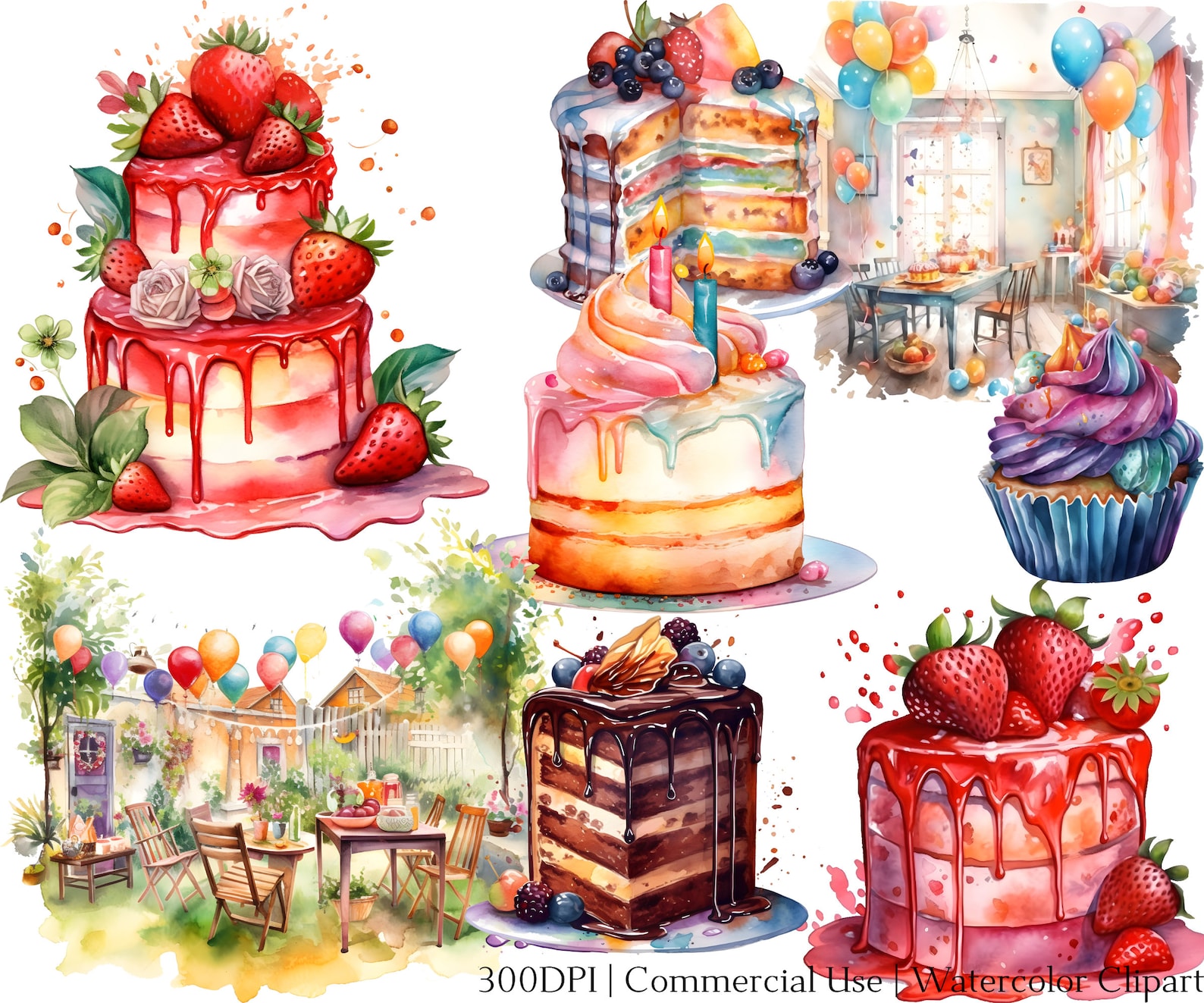 Watercolor Birthday Party Clipart Set of 20 Files With Instant Download ...