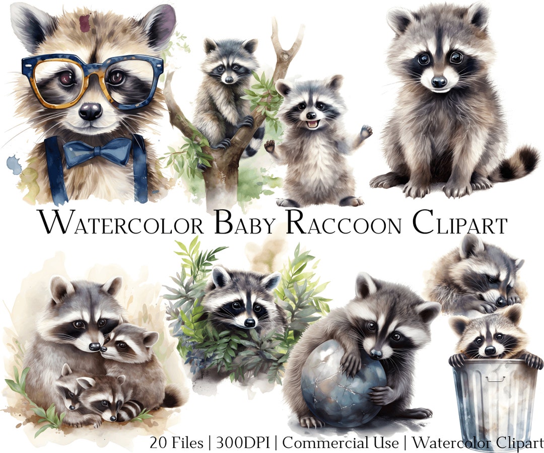 Watercolor Baby Raccoon Clipart Set of 20 Files With Instant Download ...