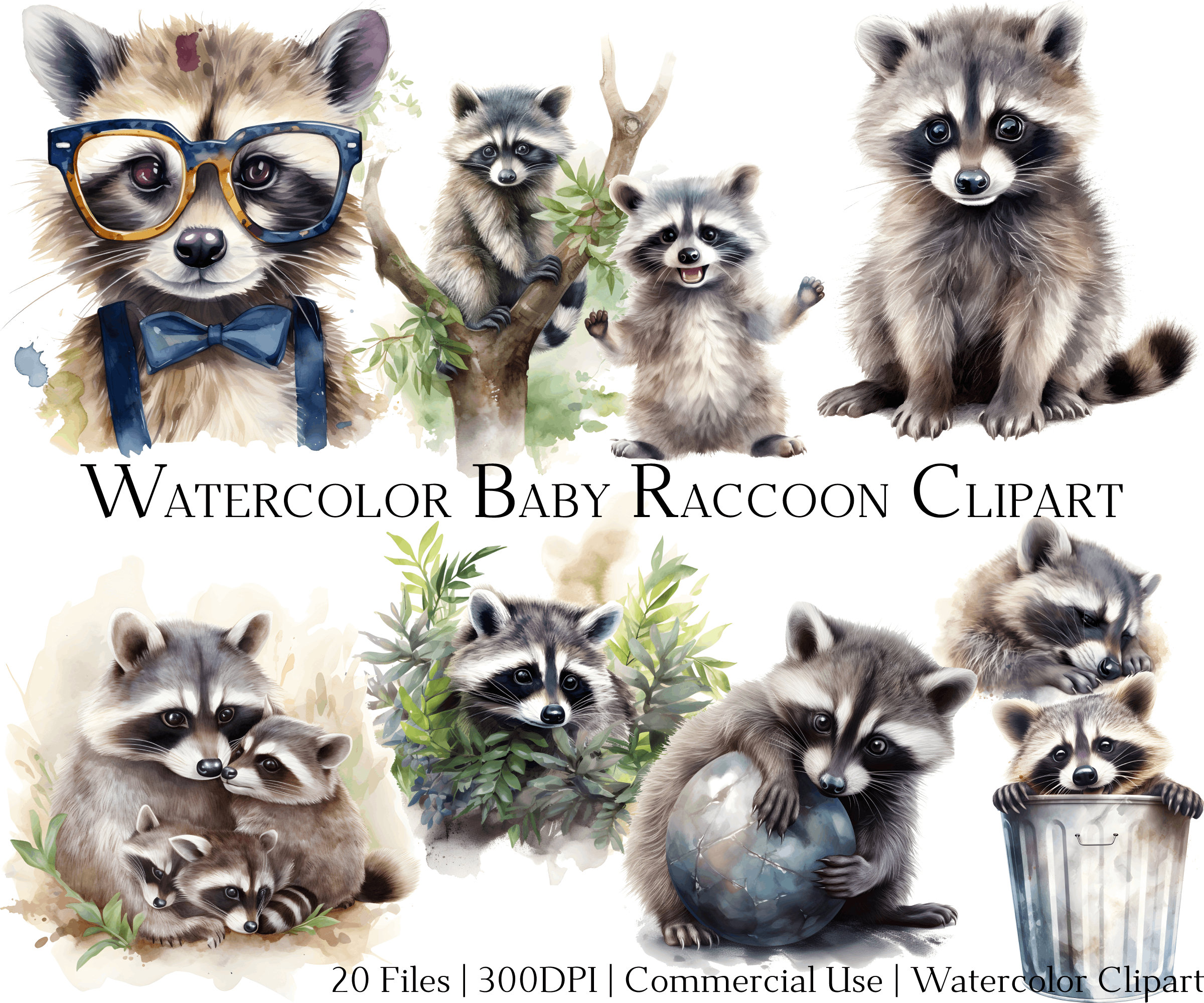 Watercolor Baby Raccoon Clipart Set of 20 Files With Instant Download ...
