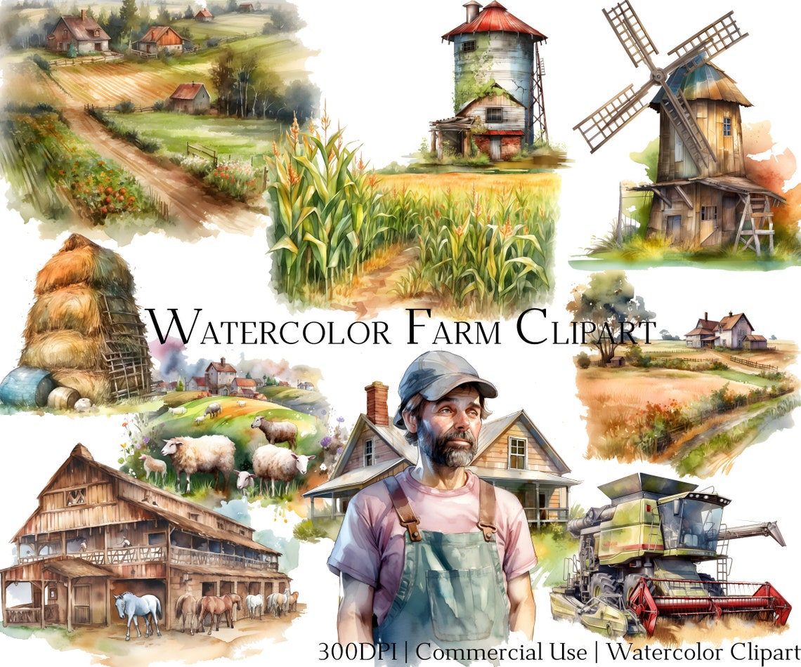Watercolor Farm Scenery Clipart Set of 20 Files With Instant Download ...