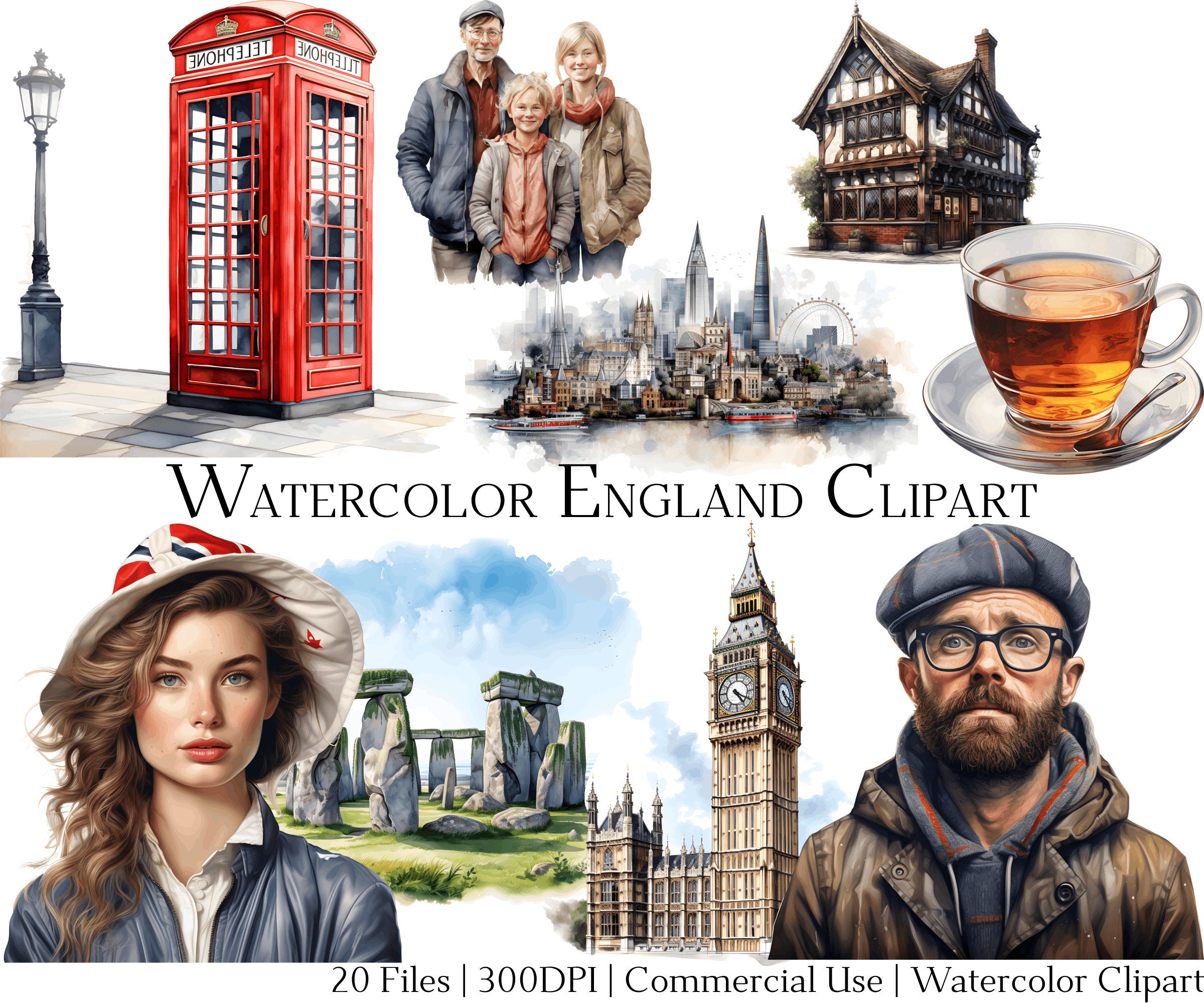Watercolor England Clipart Set of 20 Files With Instant Download ...
