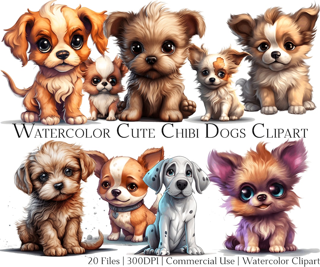 Watercolor Cute Chibi Dogs Clipart Set of 20 Files With Instant ...