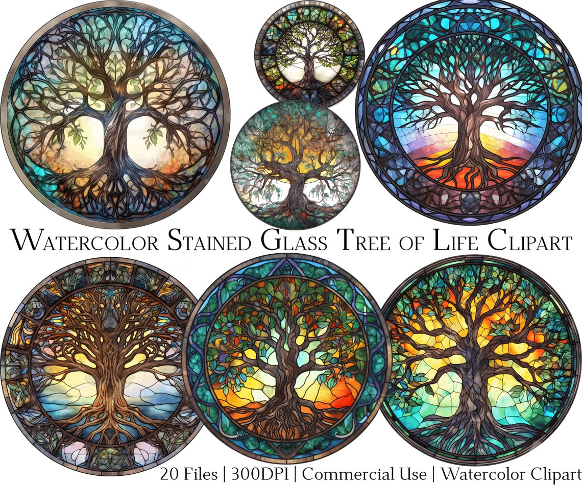Watercolor Stained Glass Tree of Life Clipart Set of 20 Files With ...
