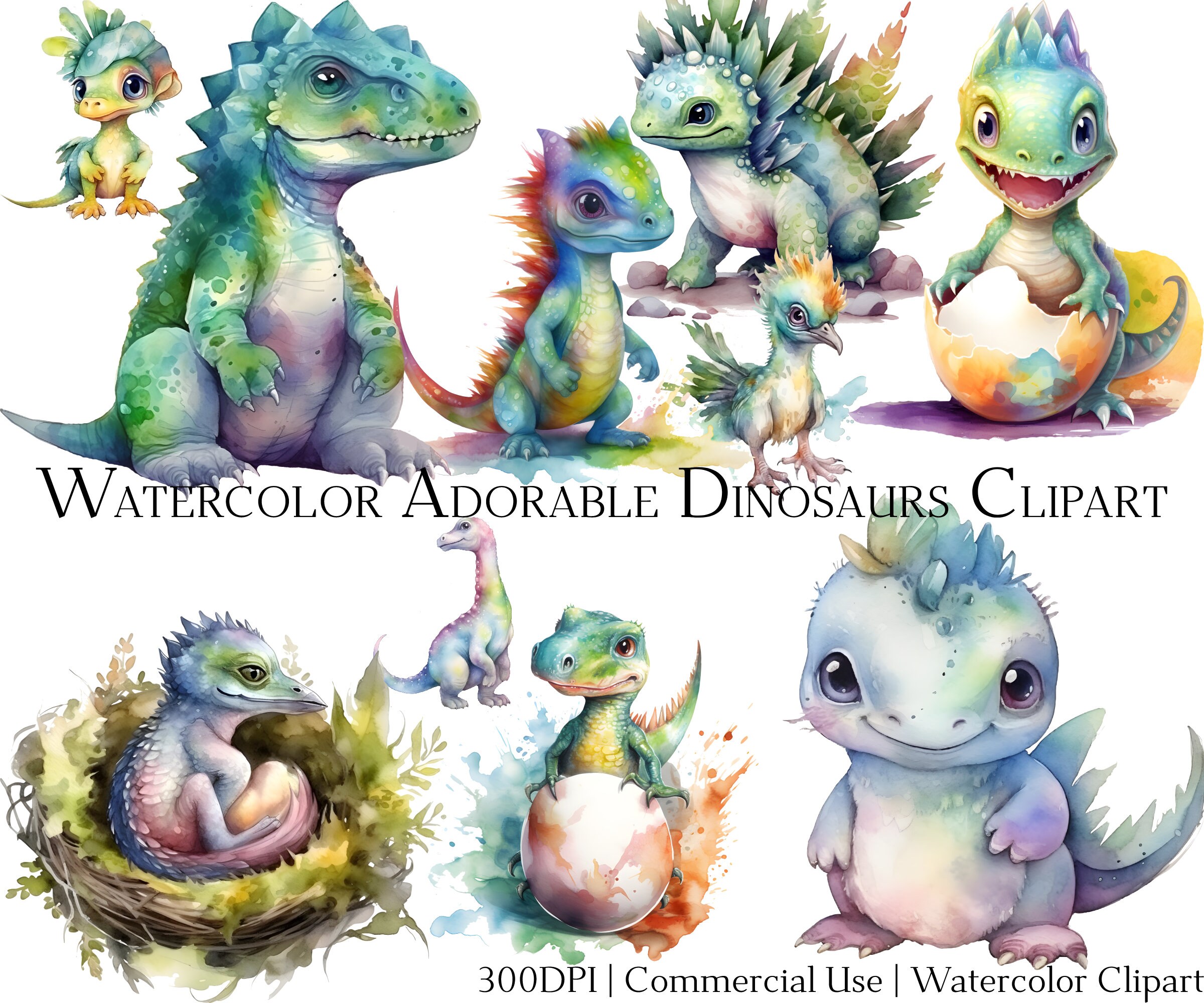 Watercolor Adorable Baby Dinosaurs Clipart Set of 20 Files With Instant ...