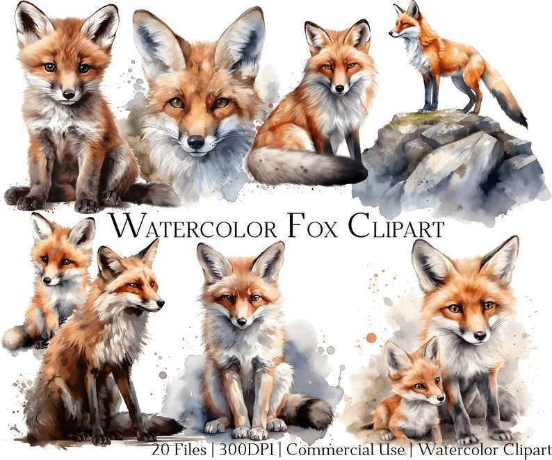 Watercolor Fox Clipart Set of 20 Files With Instant Download & - Etsy