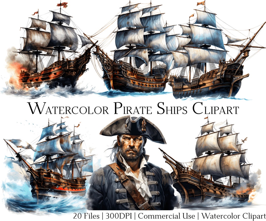 Watercolor Pirate Ships Clipart Set of 20 Files With Instant Download ...