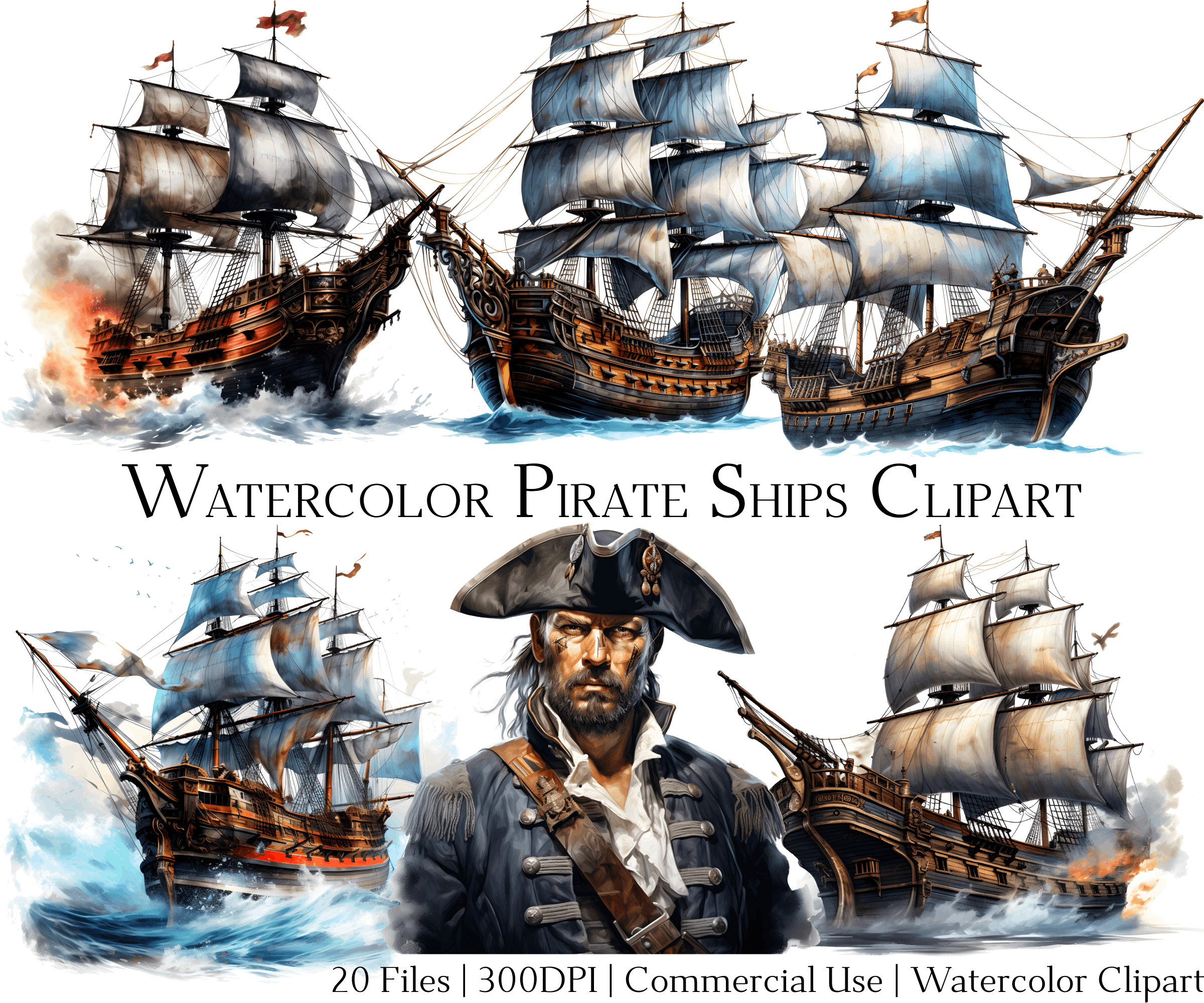 Watercolor Pirate Ships Clipart Set of 20 Files With Instant Download ...