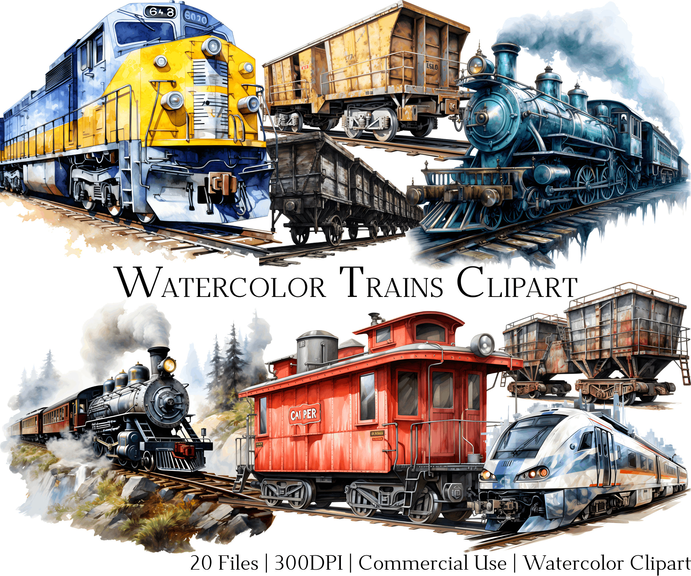Watercolor Trains Clipart Set: Vintage Locomotive Graphics (PNG + PDF ...