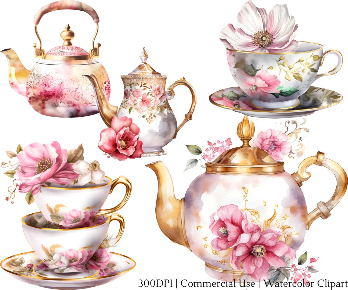Watercolor Pink Tea Clipart Set of 20 Files With Instant - Etsy