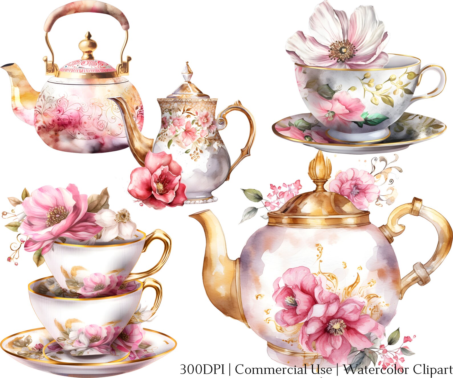 Watercolor Pink Tea Clipart Set of 20 Files With Instant - Etsy