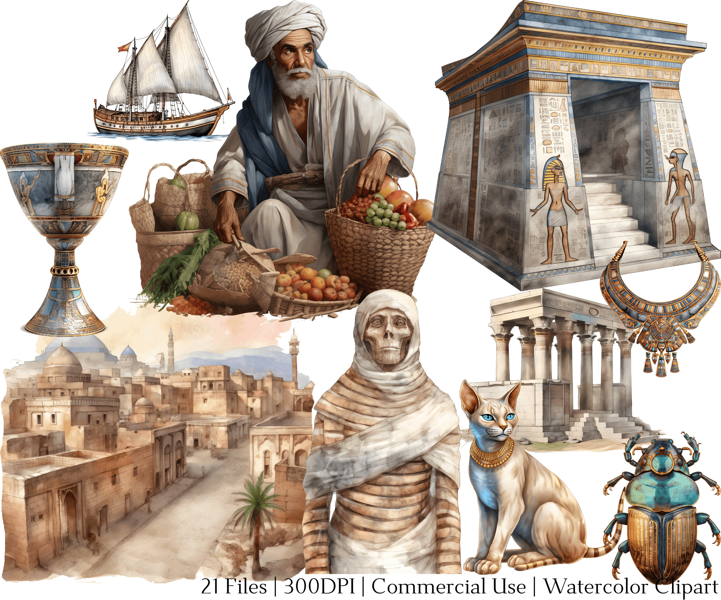 Watercolor Ancient Egyptian Clipart Set of 21 Files With Instant ...