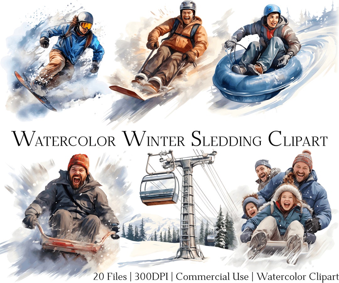 Watercolor Winter Sledding Clipart Set of 20 Files With Instant ...