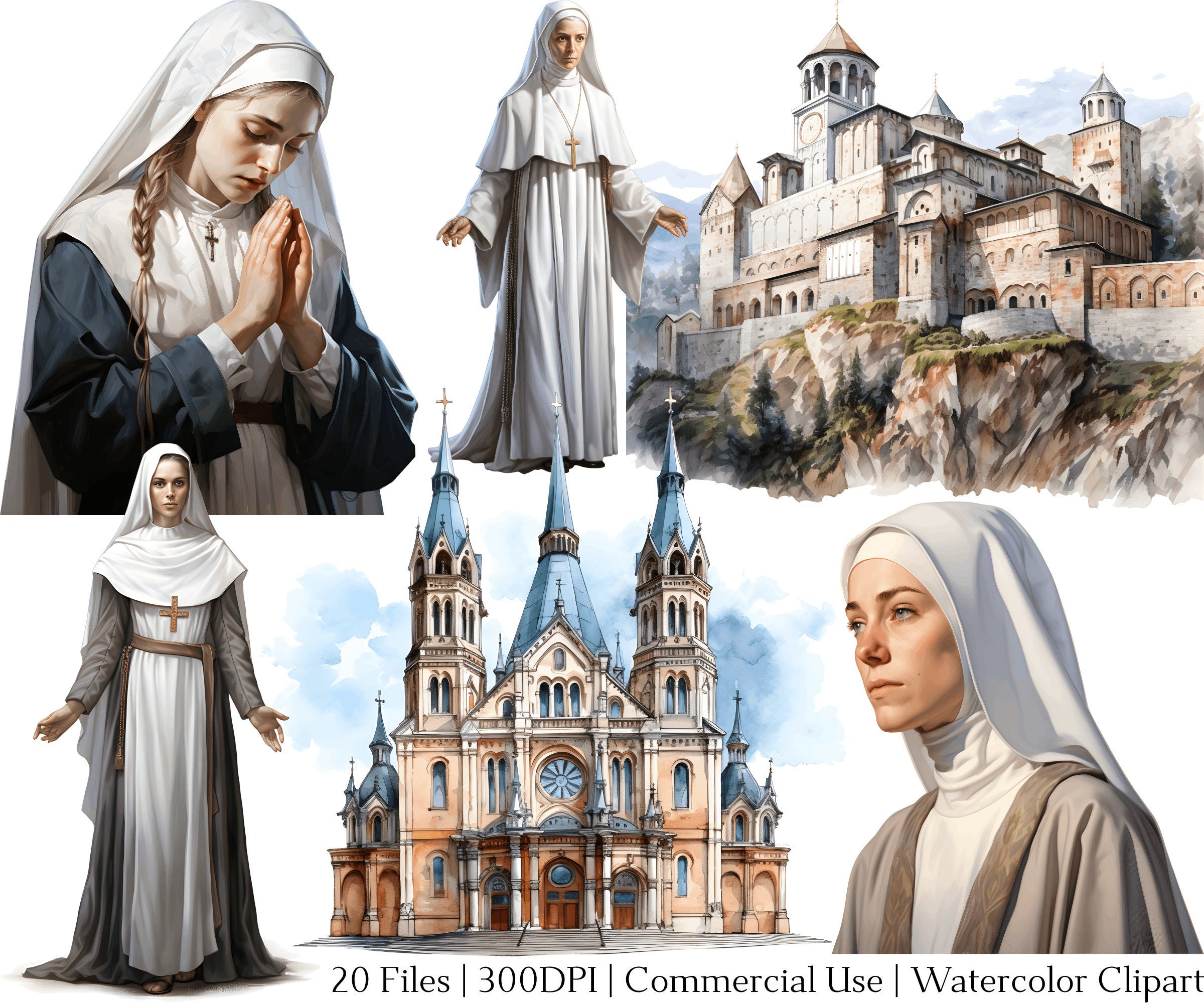 Watercolor Nuns Clipart Set of 20 Files With Instant Download & Commercial Use, PNG PDF Format ...