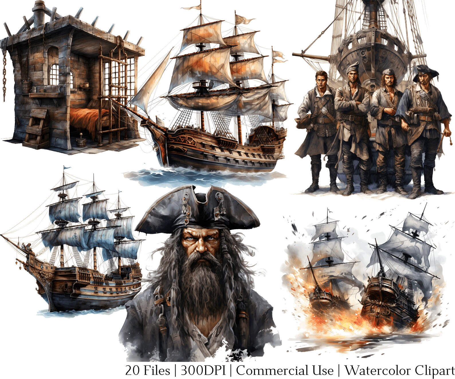 Watercolor Pirate Ships Clipart Set of 20 Files With Instant Download ...