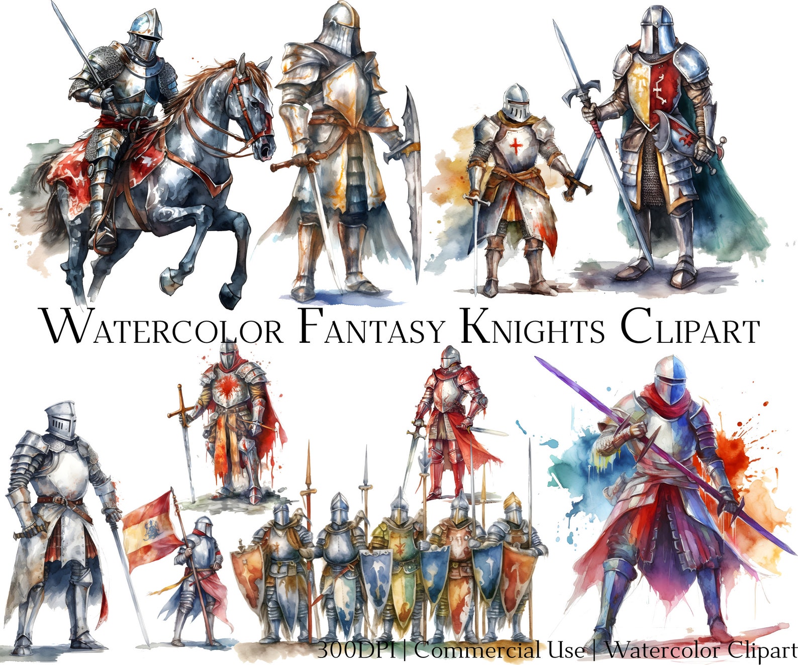 Watercolor Fantasy Knights Clipart Set of 20 Files With Instant ...
