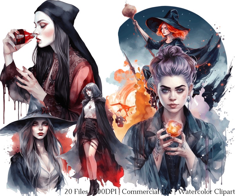Watercolor Gothic Vampire Witches Clipart Set of 20 Files With Instant ...