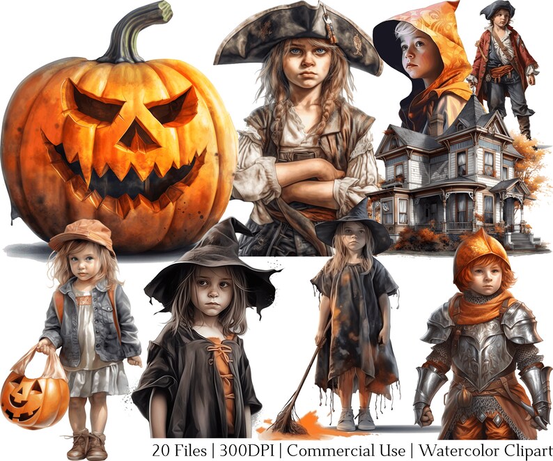 Watercolor Halloween Clipart: Trick or Treat Costumes (PNG + PDF) - Etsy