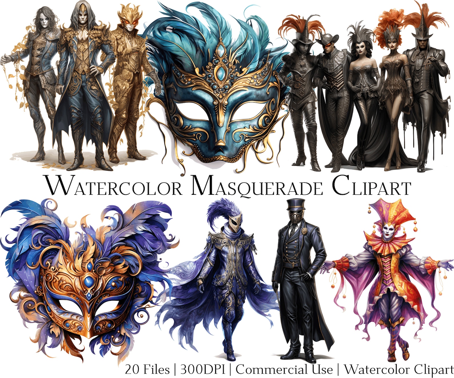 Watercolor Masquerade Clipart Set: Elegant Masks, Carnival Designs (PNG ...