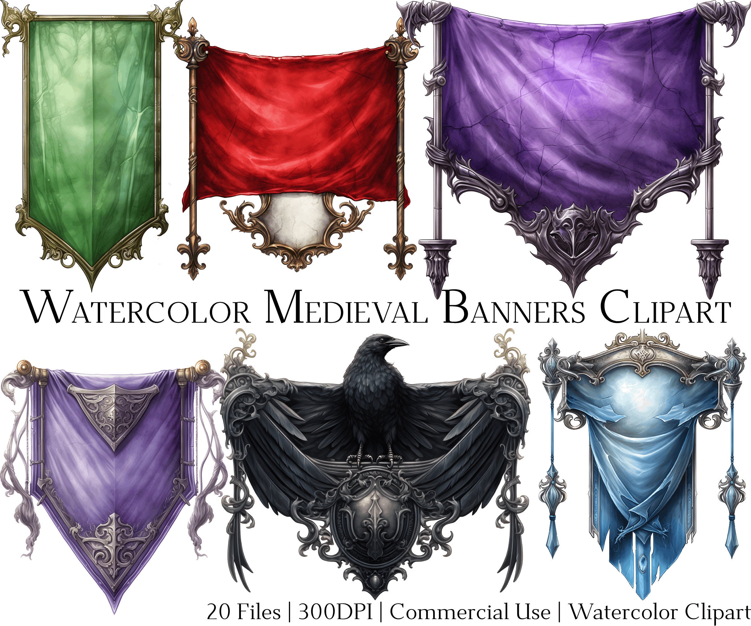 Watercolor Medieval Banners Clipart Set of 20 Files With Instant ...