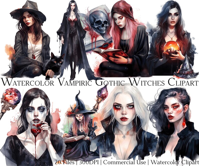 Watercolor Gothic Vampire Witches Clipart Set of 20 Files With Instant ...