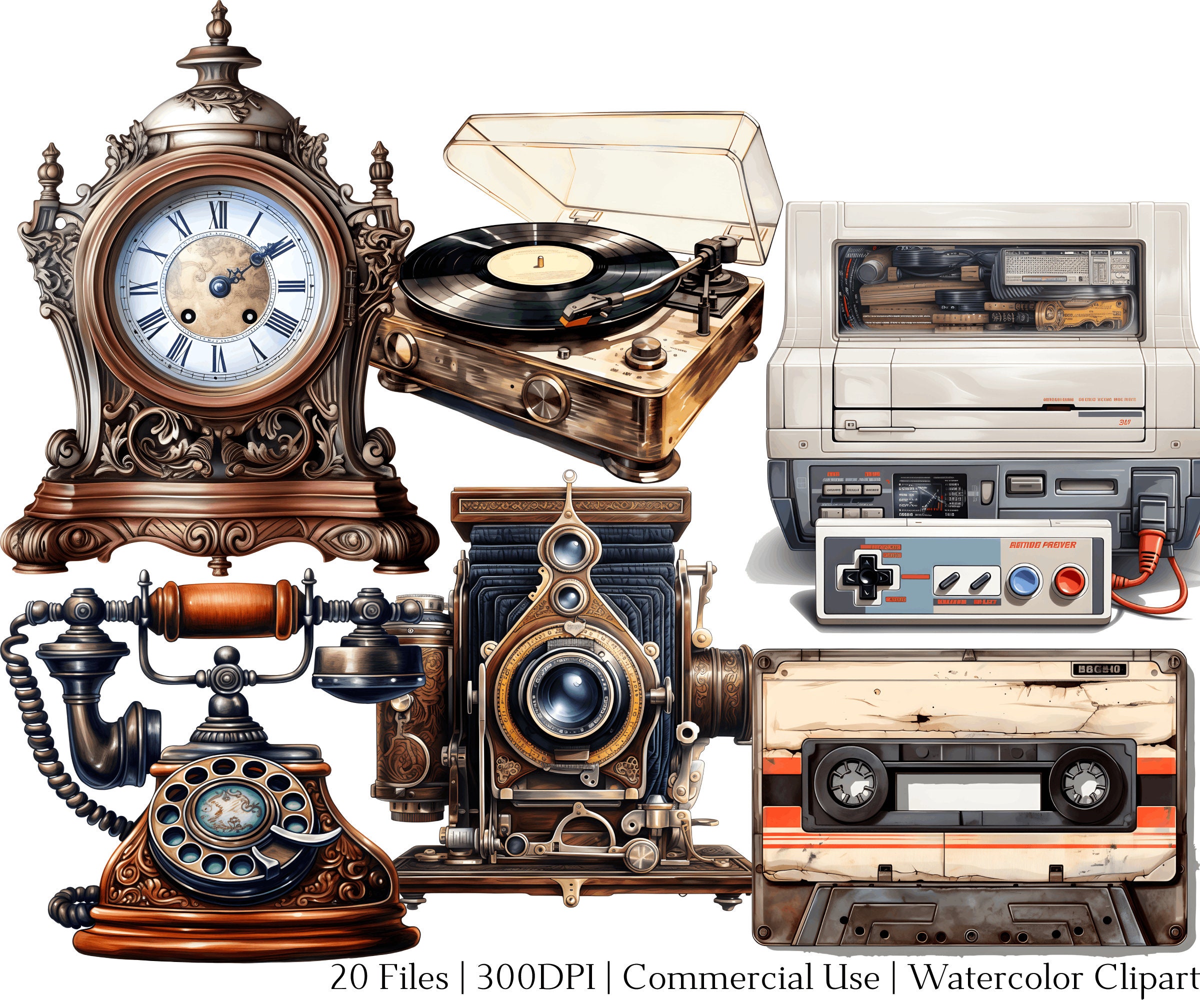 Watercolor Antique Technology Clipart Set of 20 Files With Instant ...