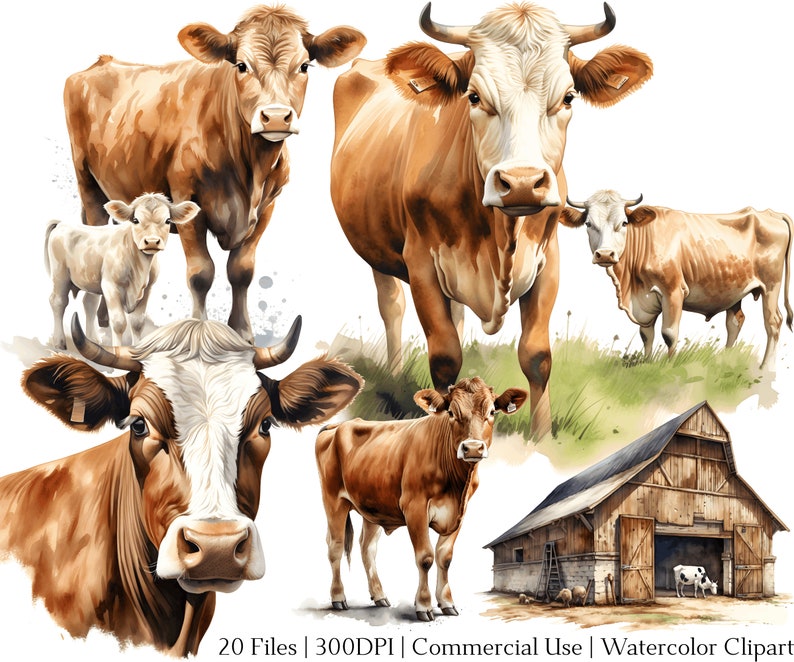Watercolor Cow Clipart Set: Farm Animal Graphics (PNG + PDF) - Etsy