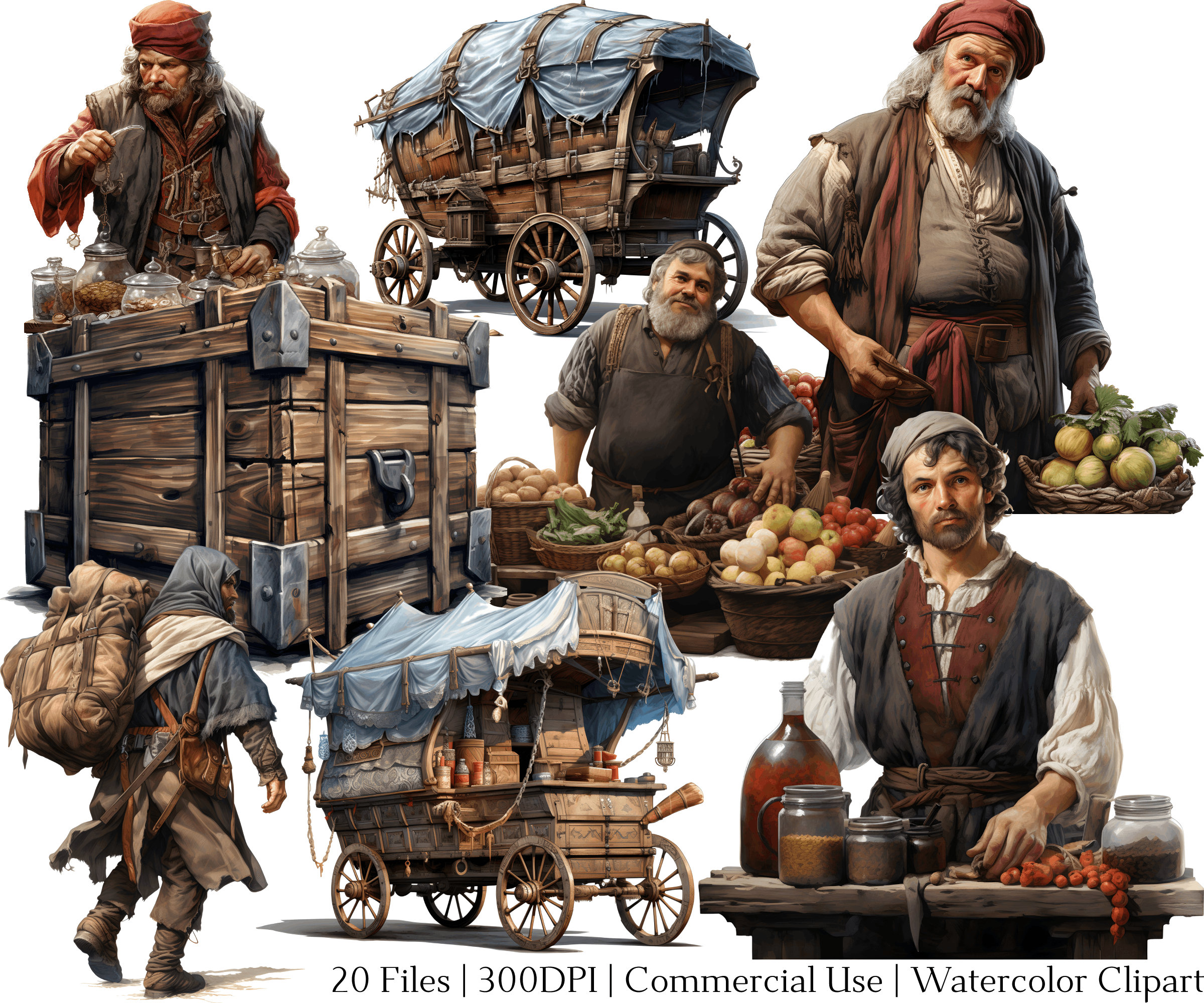 Watercolor Medieval Merchants Clipart Set of 20 Files With Instant ...