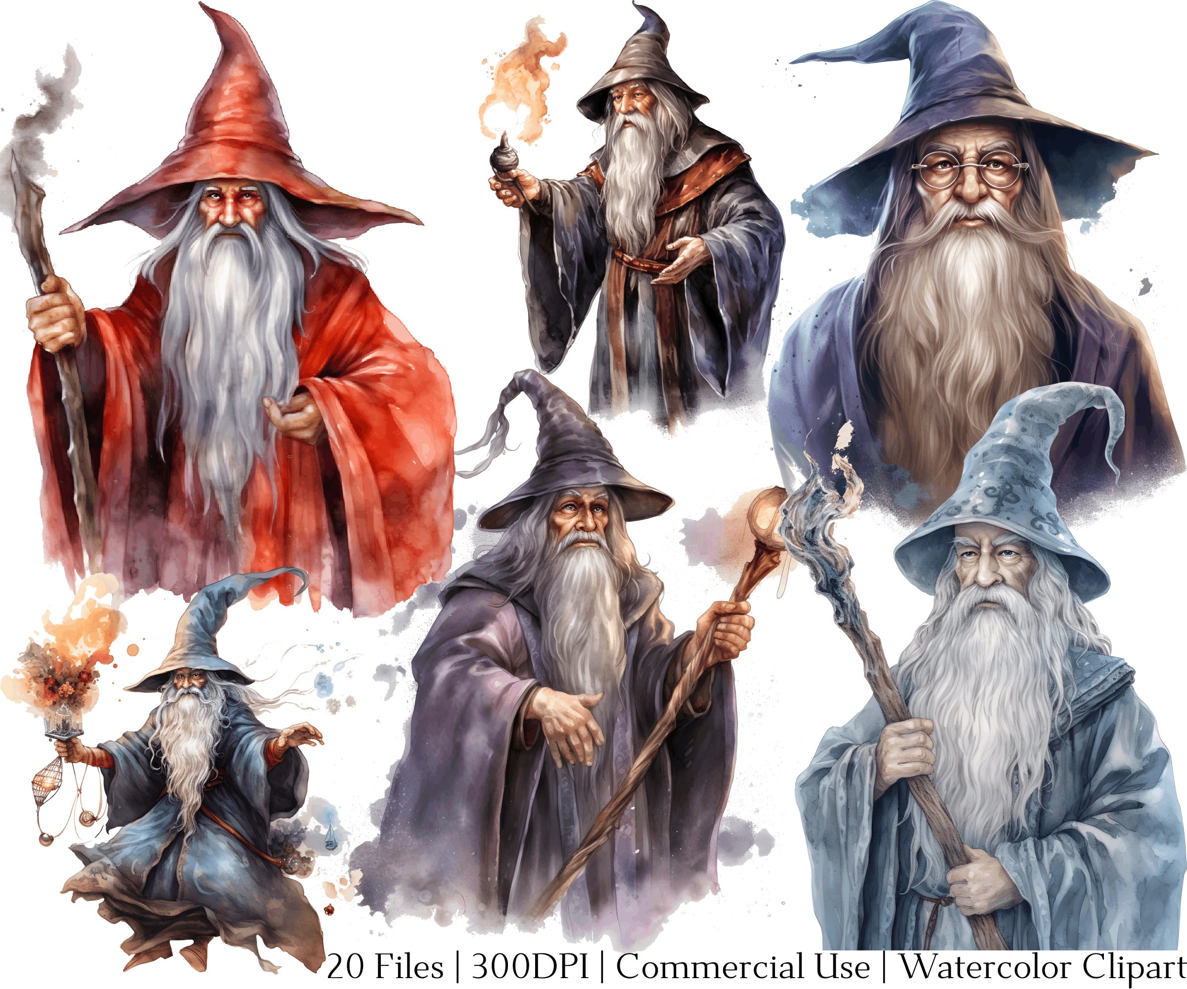 Watercolor Wizard Clipart Set: 20 PNG & PDF Files (commercial Use) - Etsy