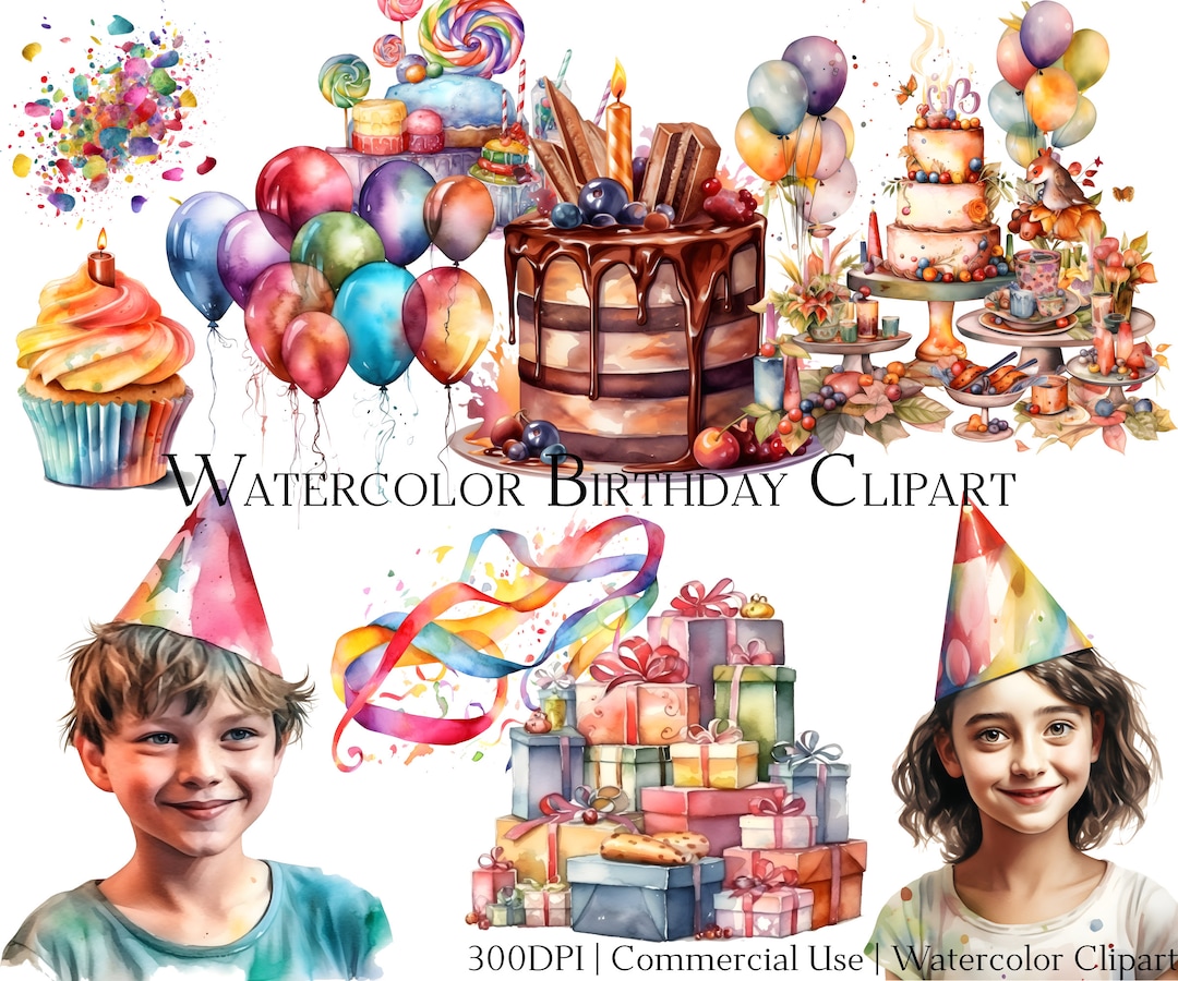 Watercolor Birthday Party Clipart Set of 20 Files With Instant Download ...