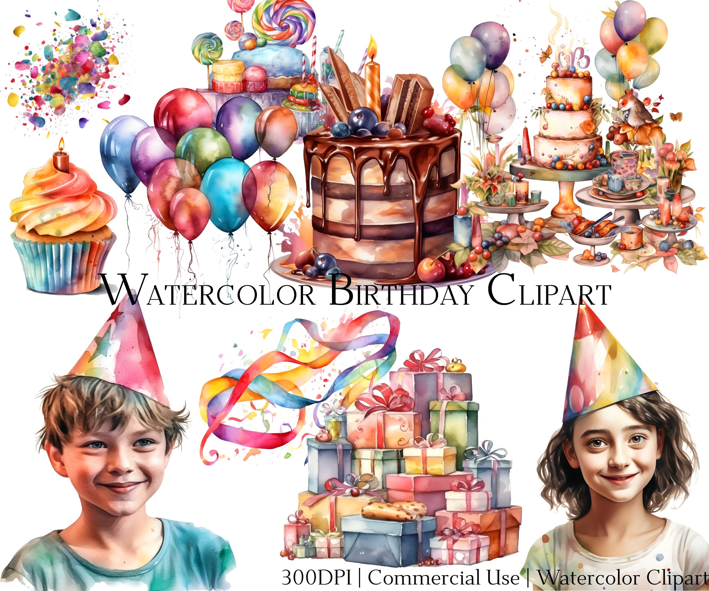Watercolor Birthday Party Clipart Set of 20 Files With Instant Download ...