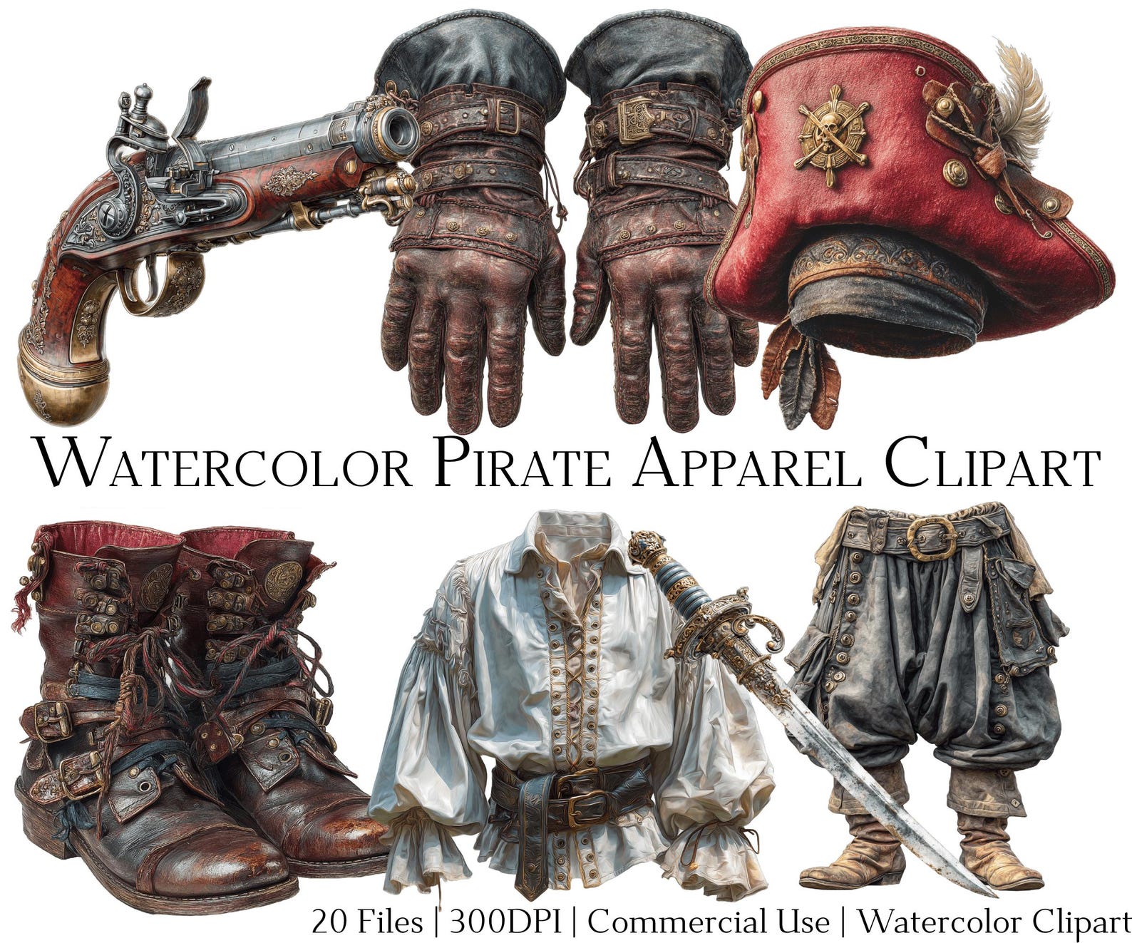Watercolor Pirate Clipart Set: Commercial Use, PNG & PDF (digital ...