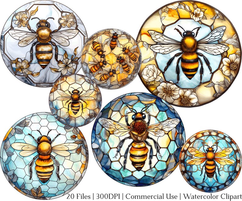 Watercolor Stained Glass Honeybee Clipart Set of 20 Files With Instant ...