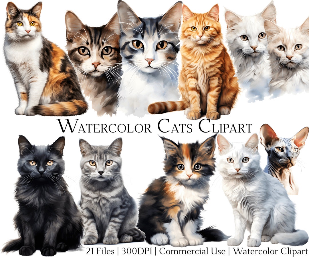 Watercolor Cats Clipart Set of 21 Files With Instant Download ...