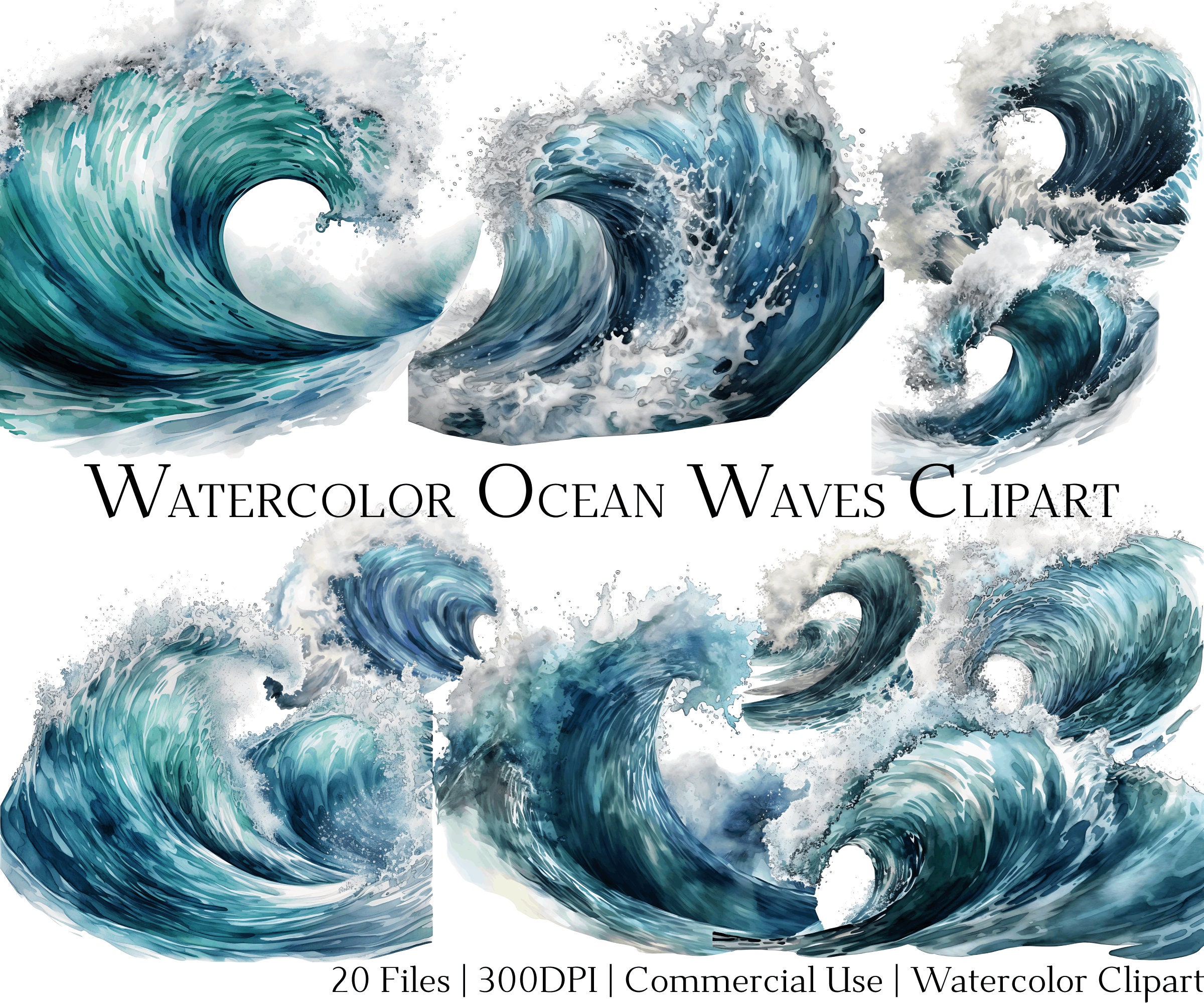 Watercolor Ocean Waves Clipart Set of 20 Files With Instant Download ...