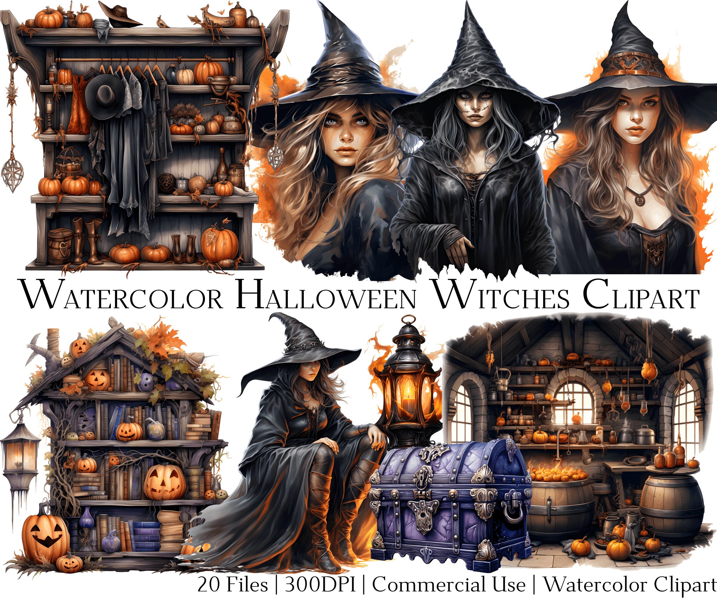 Watercolor Halloween Witches Clipart Set: PNG & PDF (20 Files) - Etsy