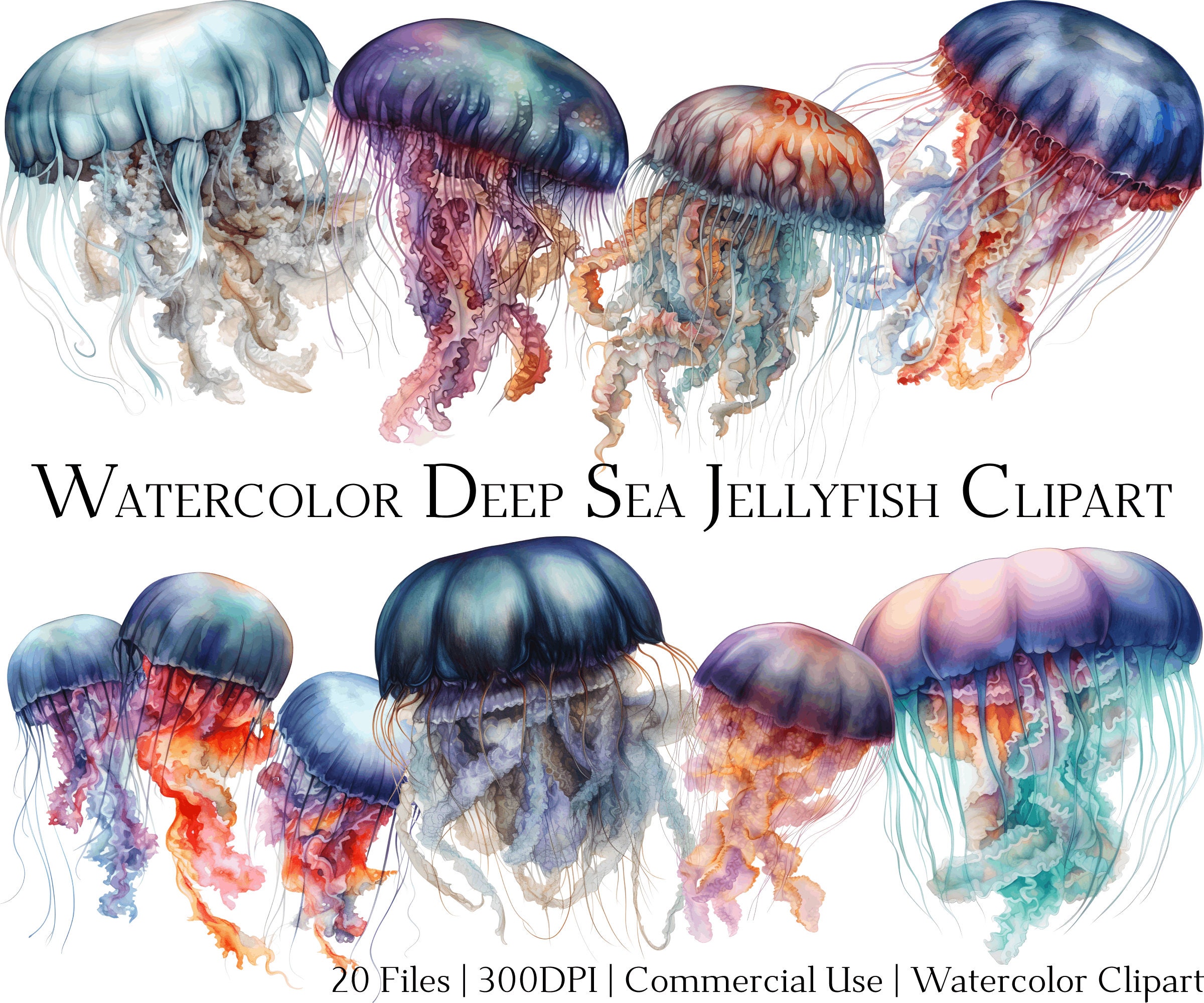 Watercolor Deep Sea Jellyfish Clipart Set of 20 Files With Instant ...