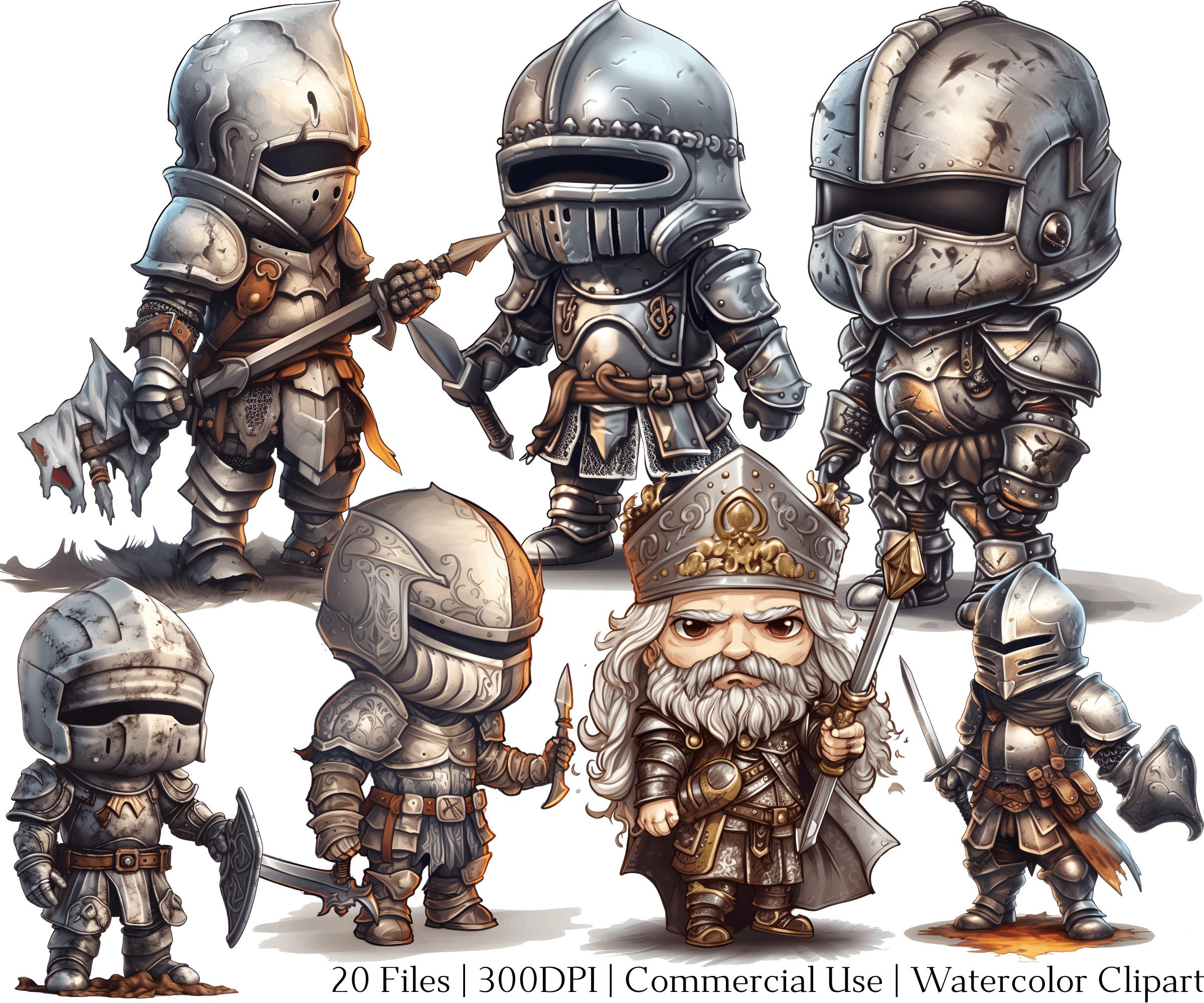 Watercolor Chibi Knights Clipart Set of 20 Files With Instant Download ...