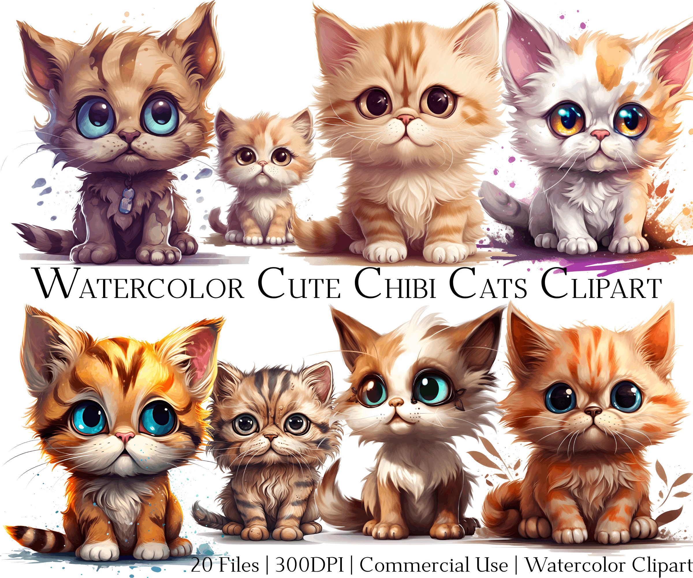 Watercolor Chibi Cats Clipart Set, Cute Cartoon Kittens (PNG + PDF) - Etsy