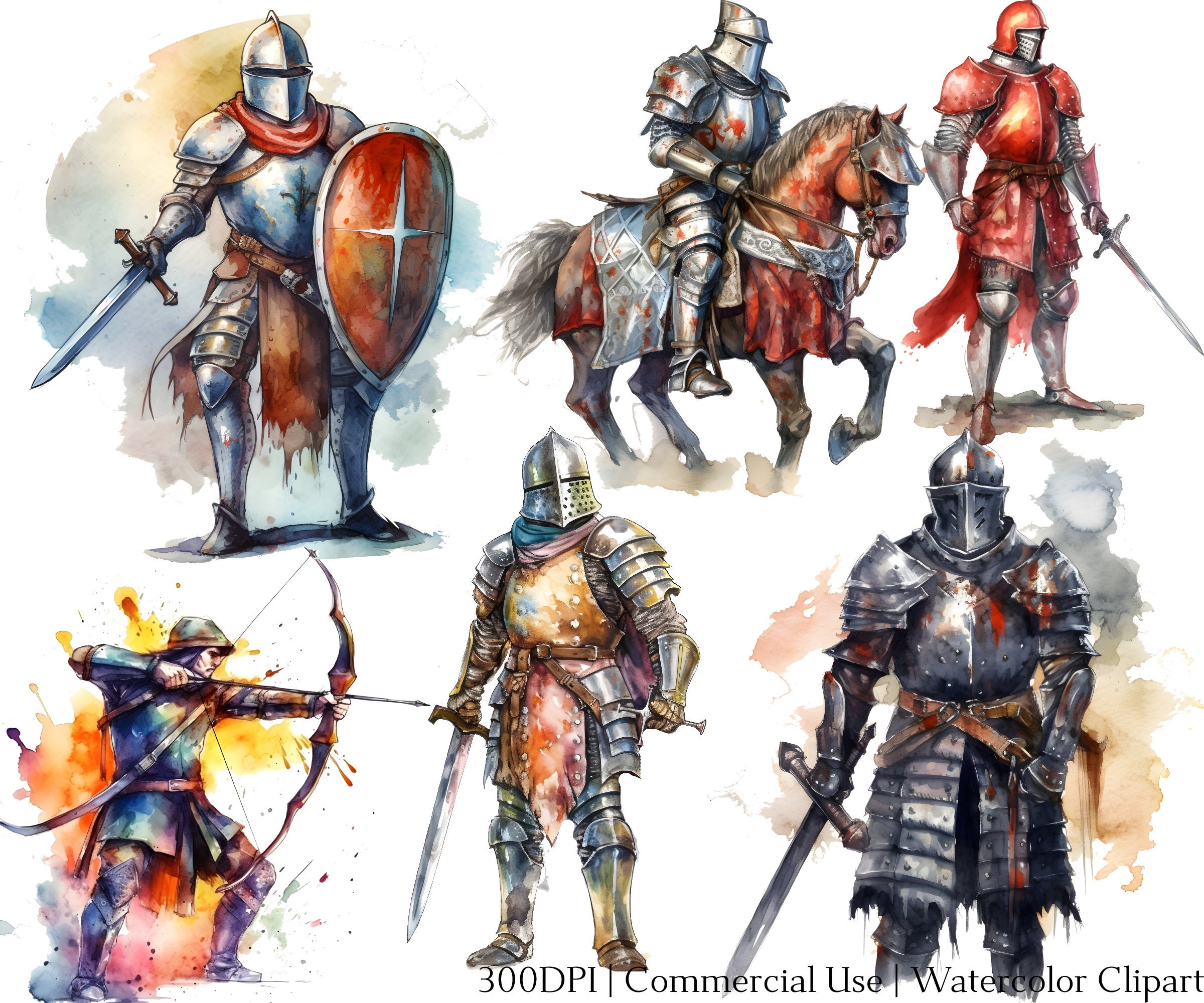 Watercolor Fantasy Knights Clipart Set of 20 Files With Instant ...