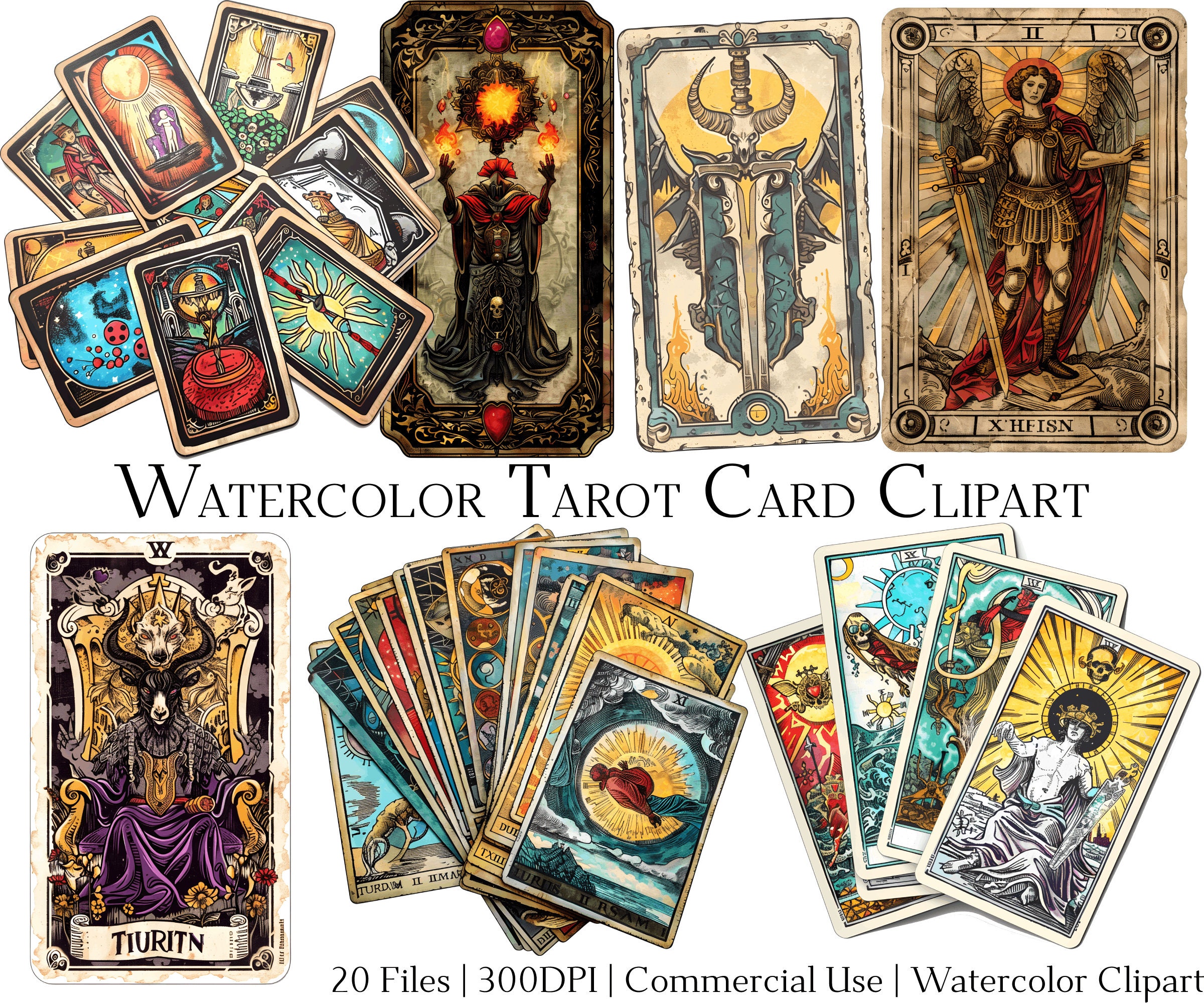 Watercolor Tarot Cards Clipart Set of 20 Files With Instant Download ...