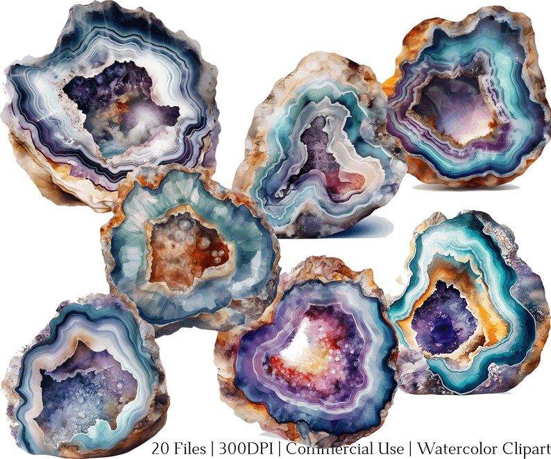 Watercolor Crystal Rock Geodes Clipart Set of 20 Files With Instant ...