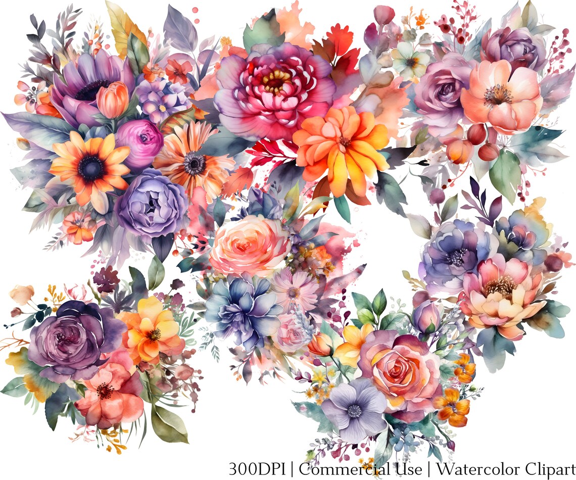 Watercolor Flower Bouquet Clipart Set of 20 Files With Instant Download ...