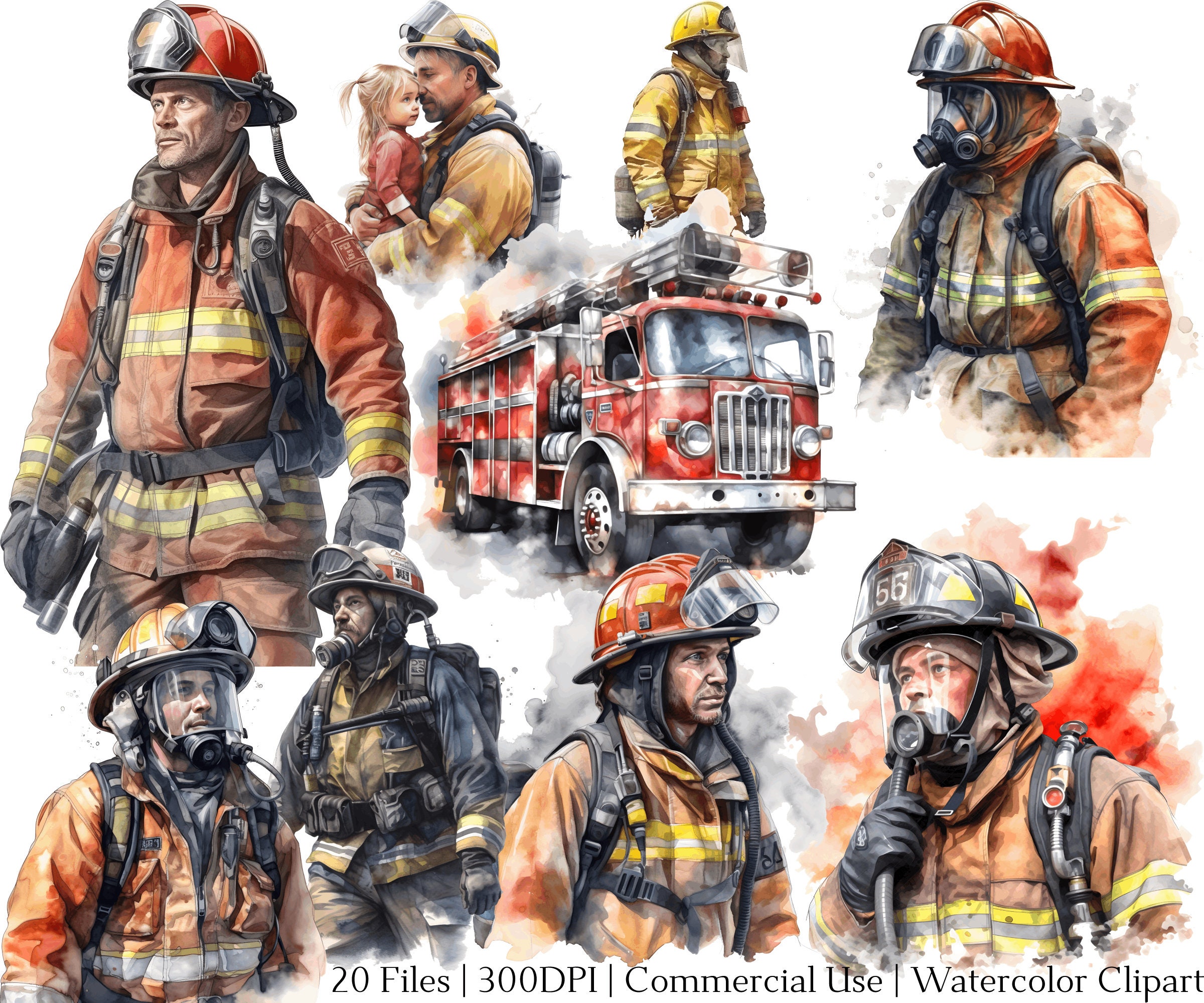 Watercolor Firefighter Clipart Set of 20 Files With Instant Download ...