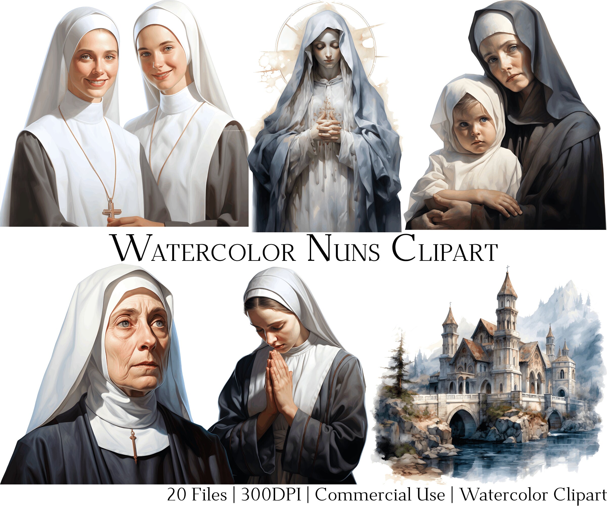 Watercolor Nuns Clipart Set of 20 Files With Instant Download & Commercial Use, PNG PDF Format ...
