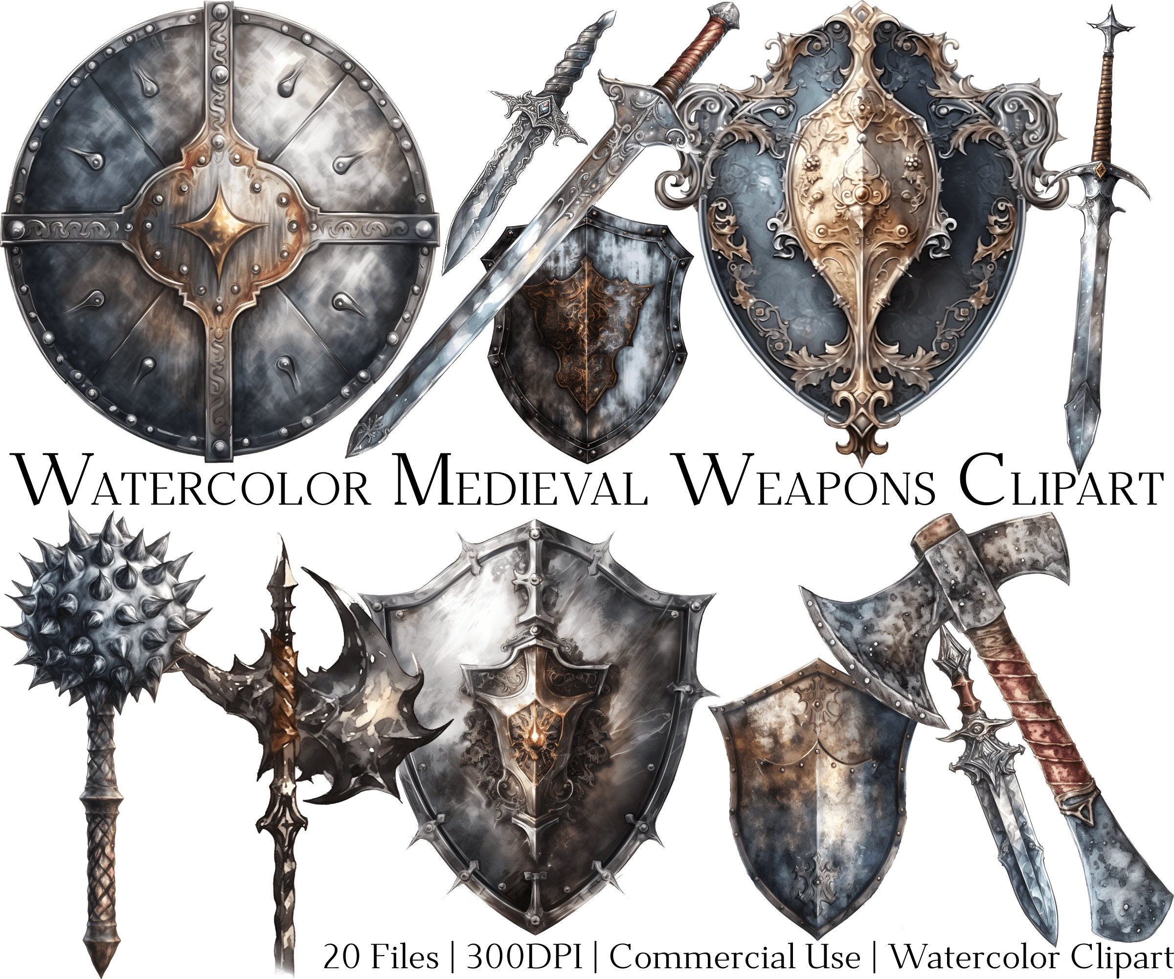 Watercolor Medieval Weapons Clipart Set of 20 Files With Instant ...
