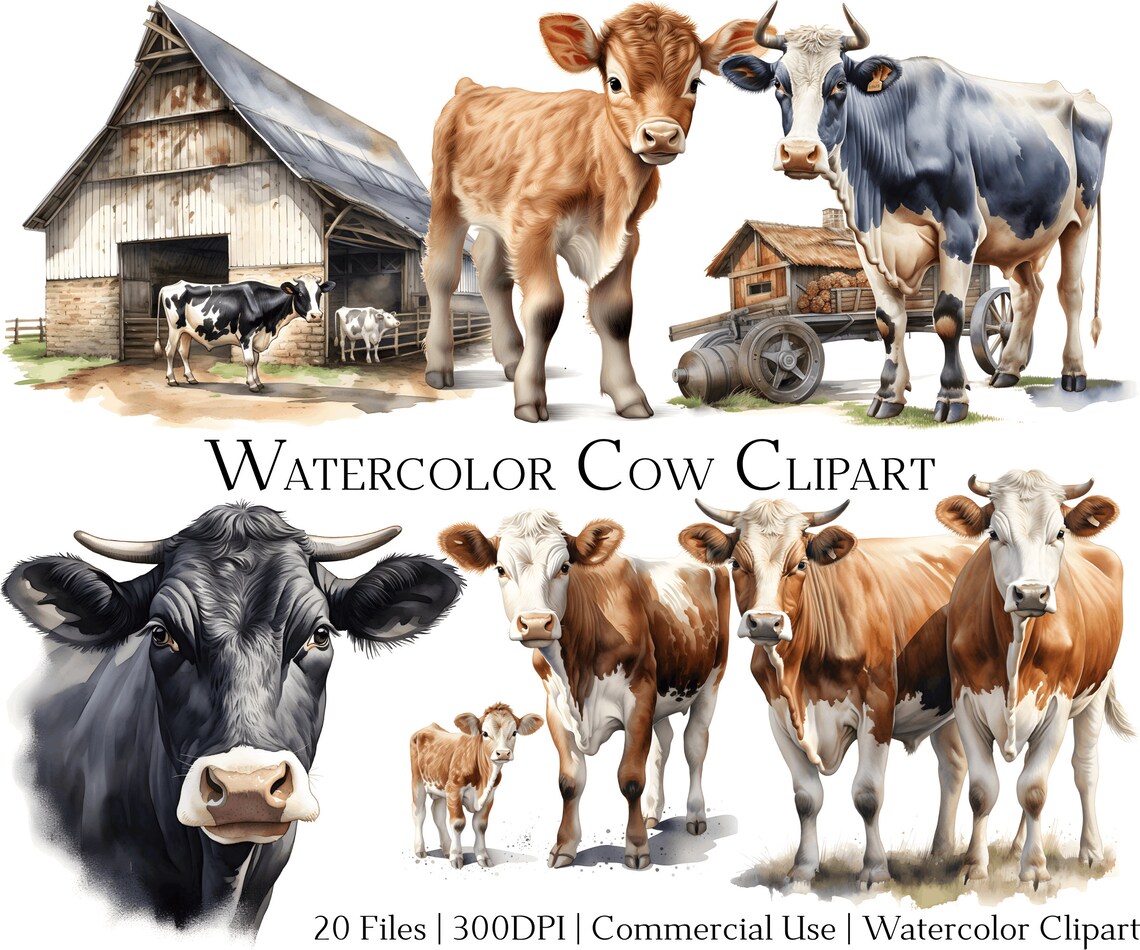 Watercolor Cows Clipart Set of 20 Files With Instant Download ...