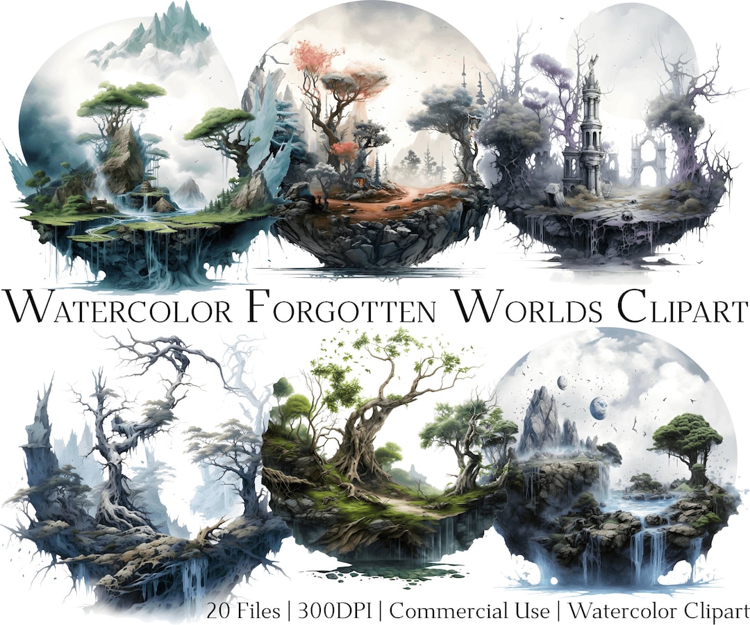 Watercolor Forgotten Worlds Clipart: Fantasy Landscape Art (PNG + PDF ...
