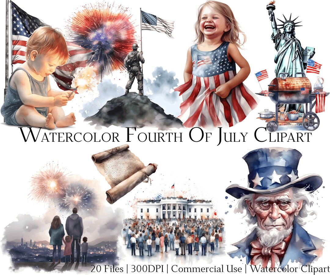 Watercolor Fourth of July Clipart Set: Patriotic PNG & PDF (20 Files ...